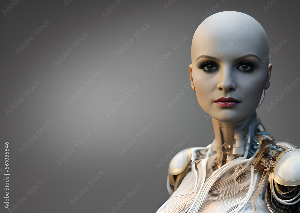 Female cyborg head of an artificial inteligen with porcelain face on a ...