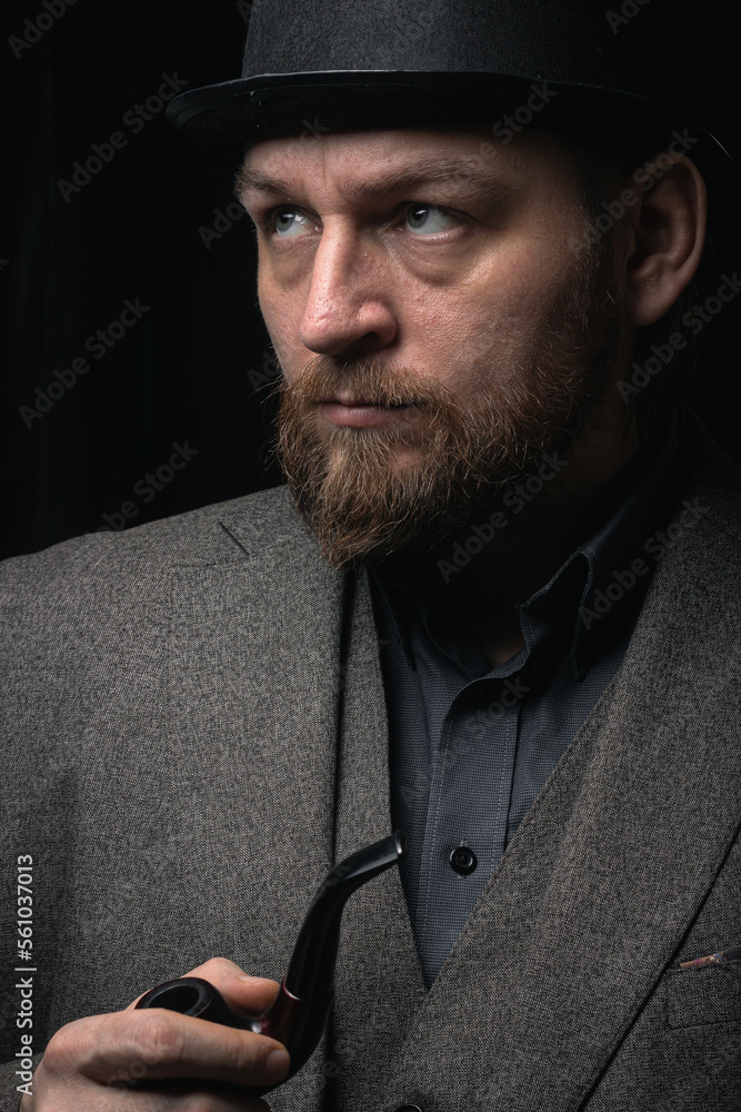stylish man in retro outfit suit hat smoking wooden pipe sherlock holmes look cosplay england ...