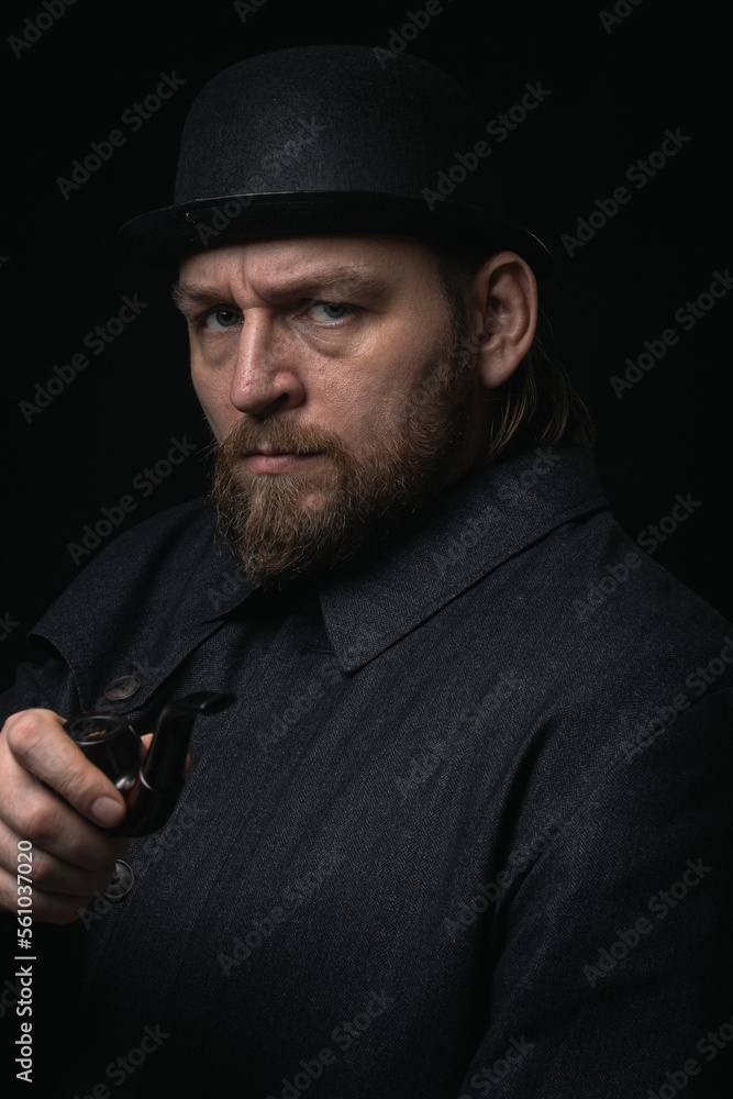 stylish man in retro outfit suit hat smoking wooden pipe sherlock holmes look cosplay england ...