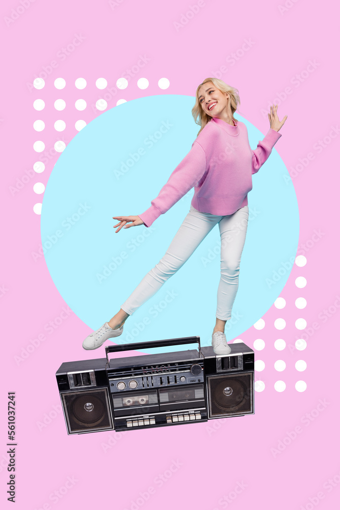 Vertical collage picture of cheerful little girl enjoy dancing stand ...