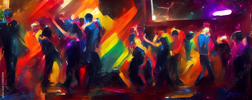 abstract colorful background with crowd of people dancing in the ...