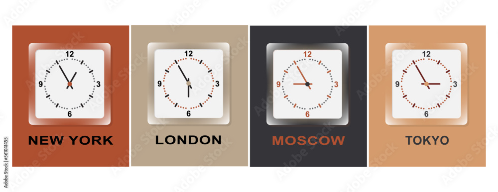 Wall clock for different time zones. 4 item set. Vector illustration ...