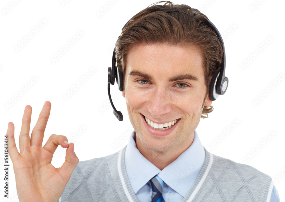 Call center portrait, business man and ok hand sign of crm consultant ...
