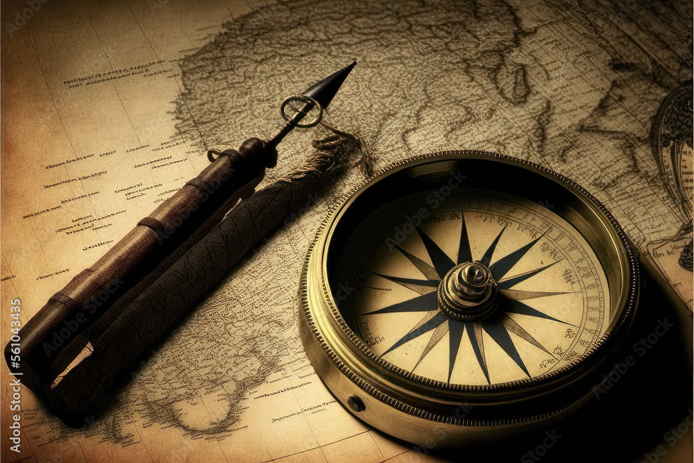 Old compass on an old map Stock Illustration | Adobe Stock