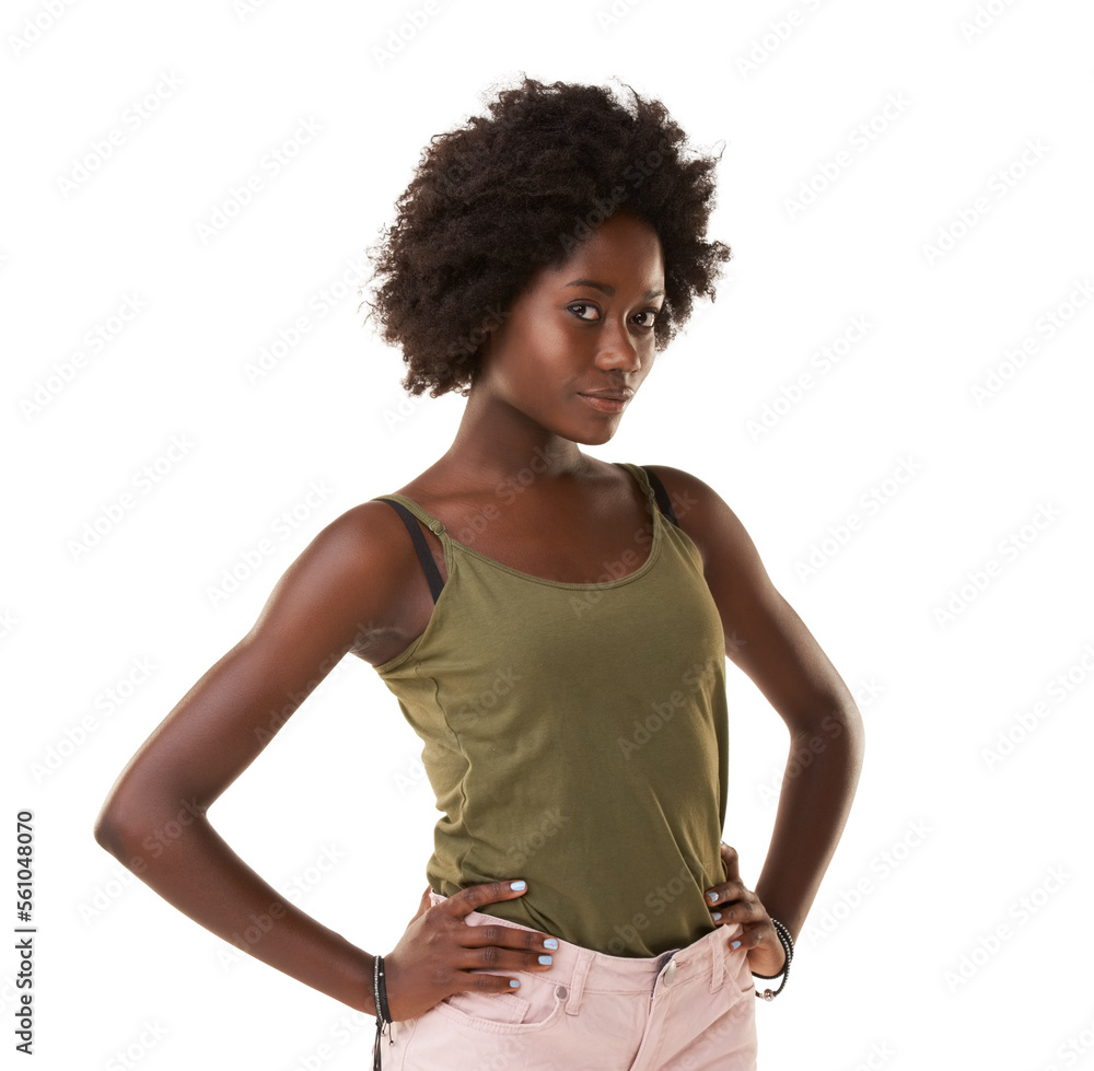 Fashion, beauty and portrait of black woman on a white background with ...