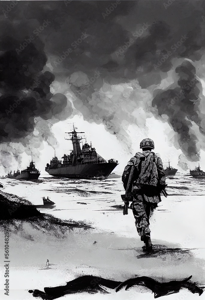 A black and white pen illustration of the Allied invasion of occupied ...