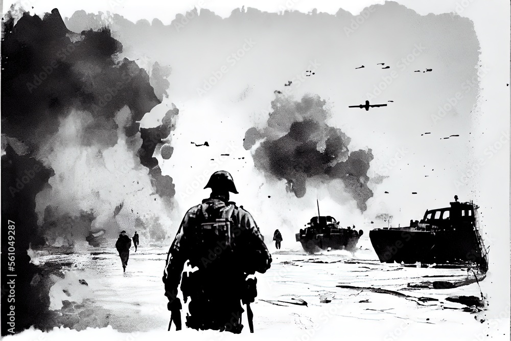 A black and white pen illustration of the Allied invasion of occupied ...