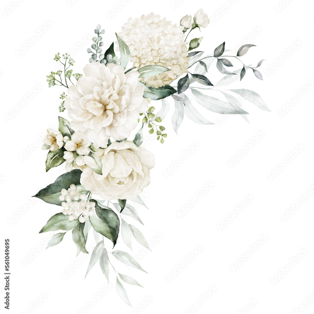 Watercolor floral illustration bouquet - white flowers, rose, peony, green and gold leaf ...