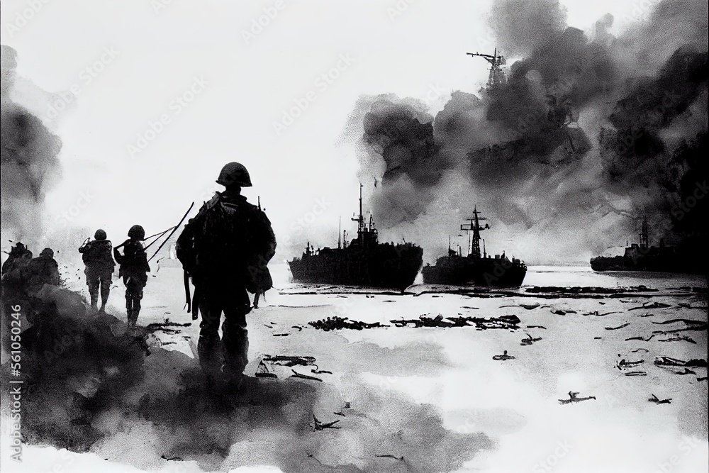 A black and white pen illustration of the Allied invasion of occupied ...