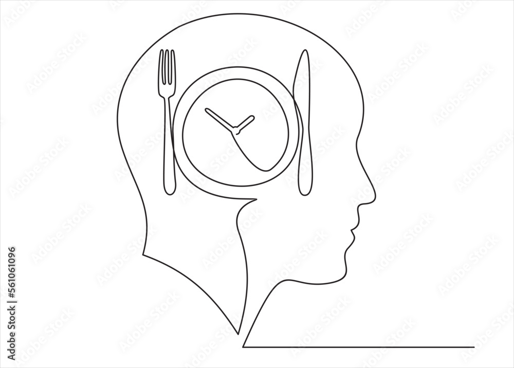 continuous stylized modern drawing of a human head and Plate with o ...