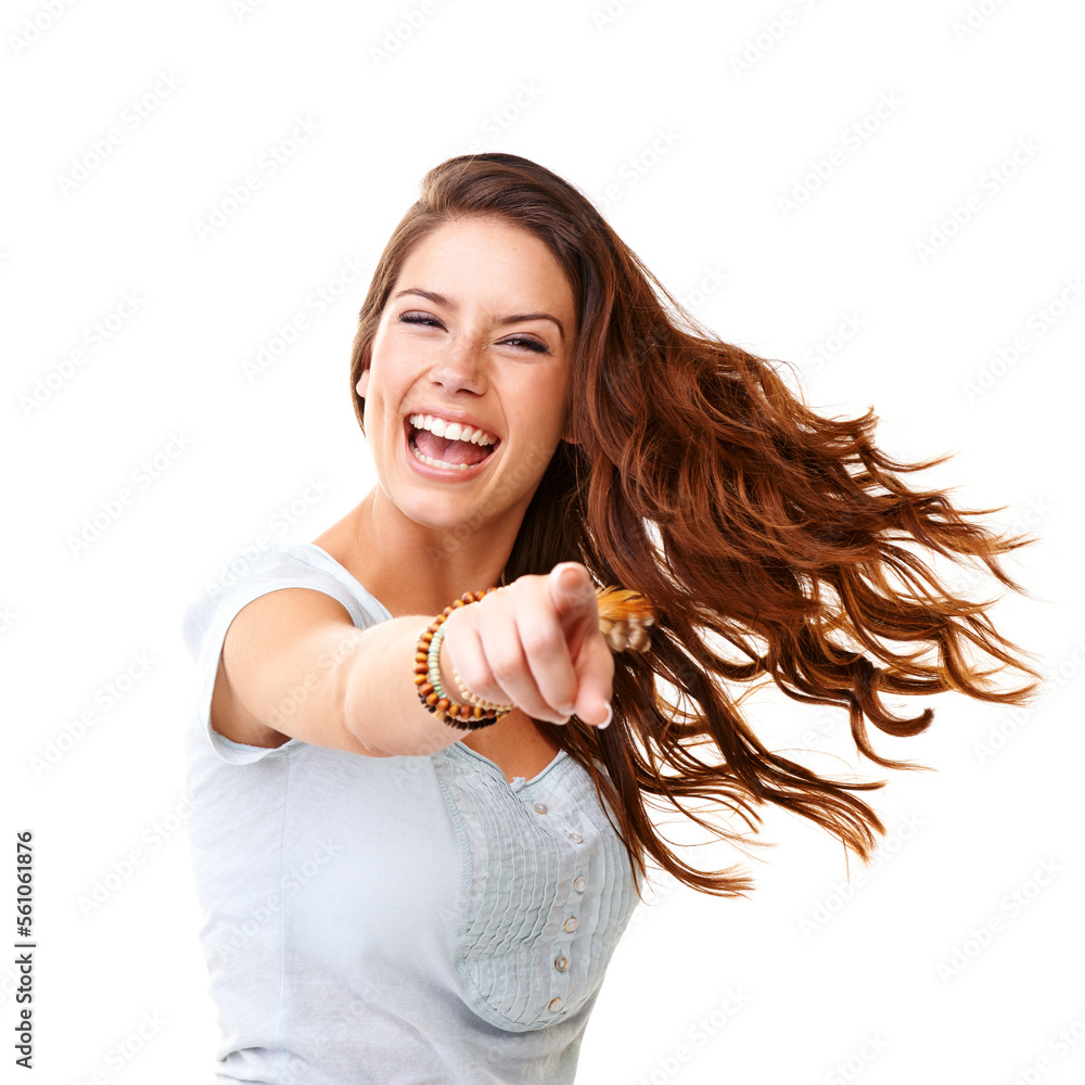 Caught you...Beautiful woman, finger and pointing with happy expression ...