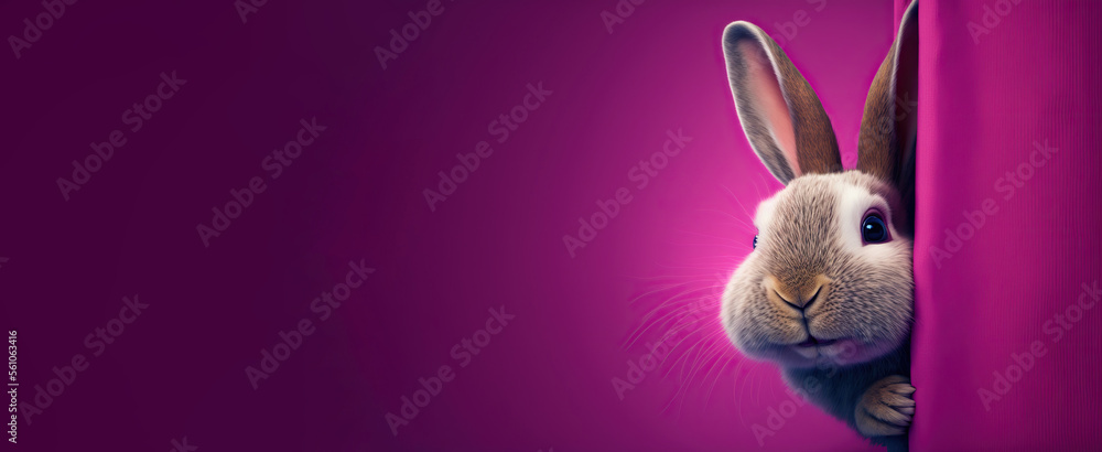 Curious rabbit peeking around the corner, on a purple background ...