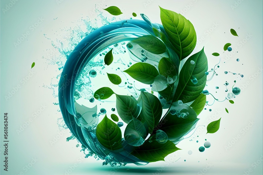 Freshness effect, blue air or wind flow with green leaves. Glow circle ...