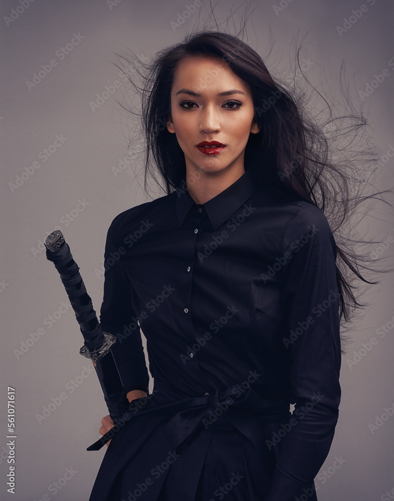 Fashion, beauty portrait and warrior woman art with sword to fight for ...