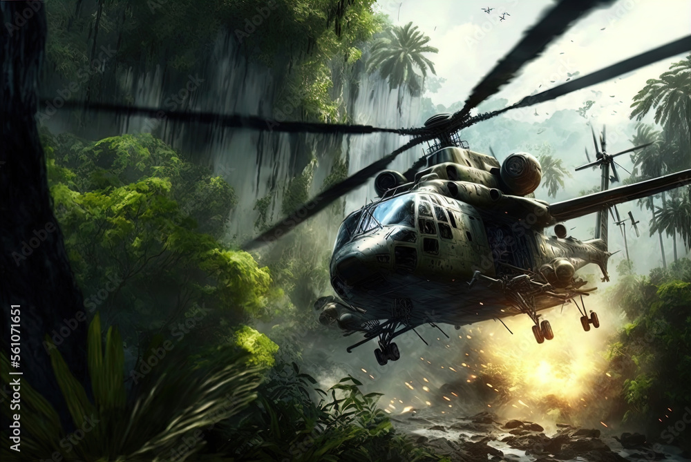 Helicopter gunship rains down missile and machine gun fire. Action ...