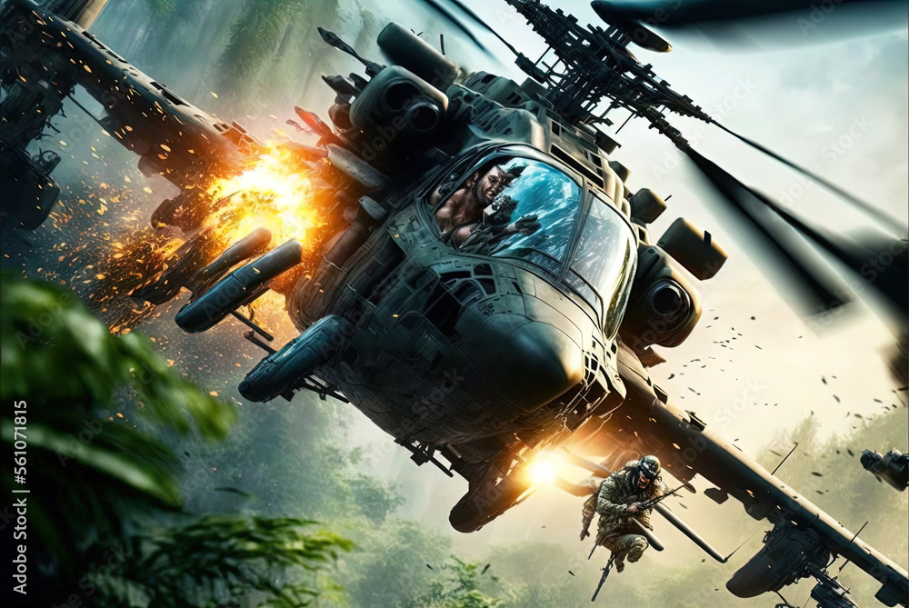 Helicopter gunship rains down missile and machine gun fire. Action ...