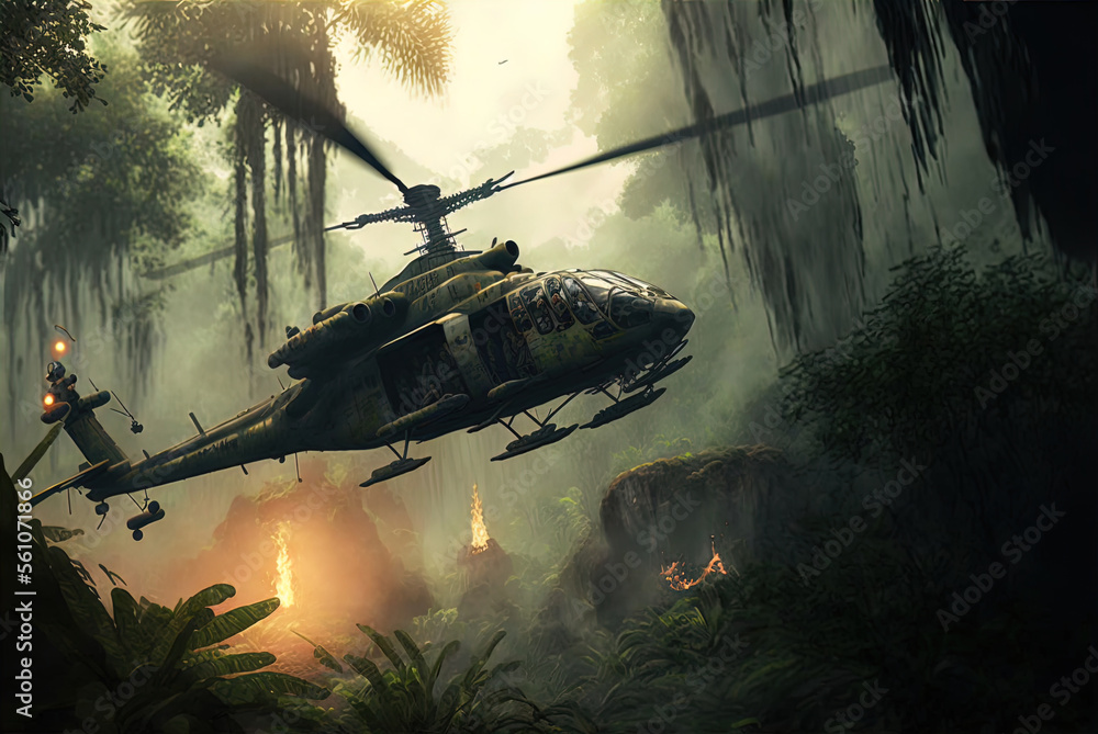 Helicopter gunship rains down missile and machine gun fire. Action ...