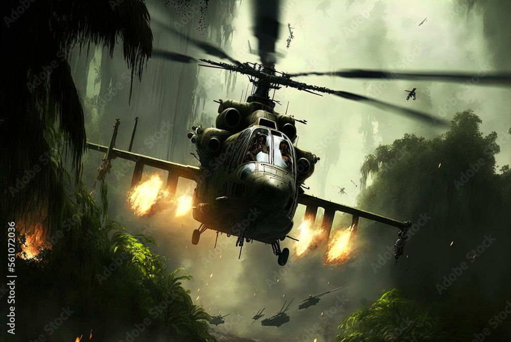 Helicopter gunship rains down missile and machine gun fire. Action ...