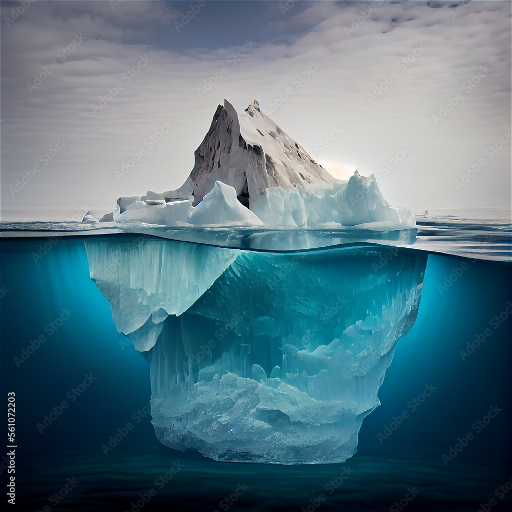 Iceberg illustration showing the external part and the submerged ice ...