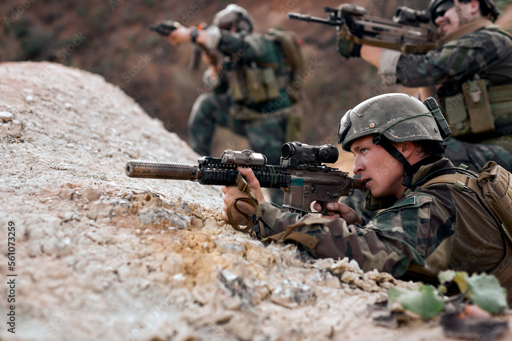 Fully Equipped Soldiers Wearing Camouflage Attacking Enemy, Rifles in ...