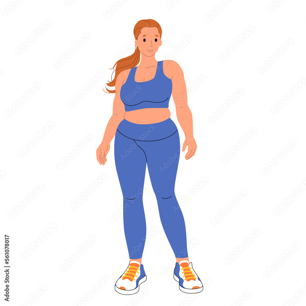 Plus size curvy girl in sportswear - leggings, top and sneakers. Chubby ...