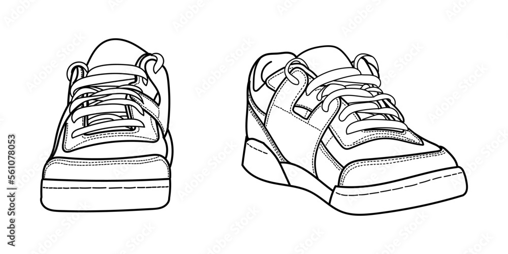 Hand drawn detailed sneakers, gym shoes. Classic vintage style. Outline ...