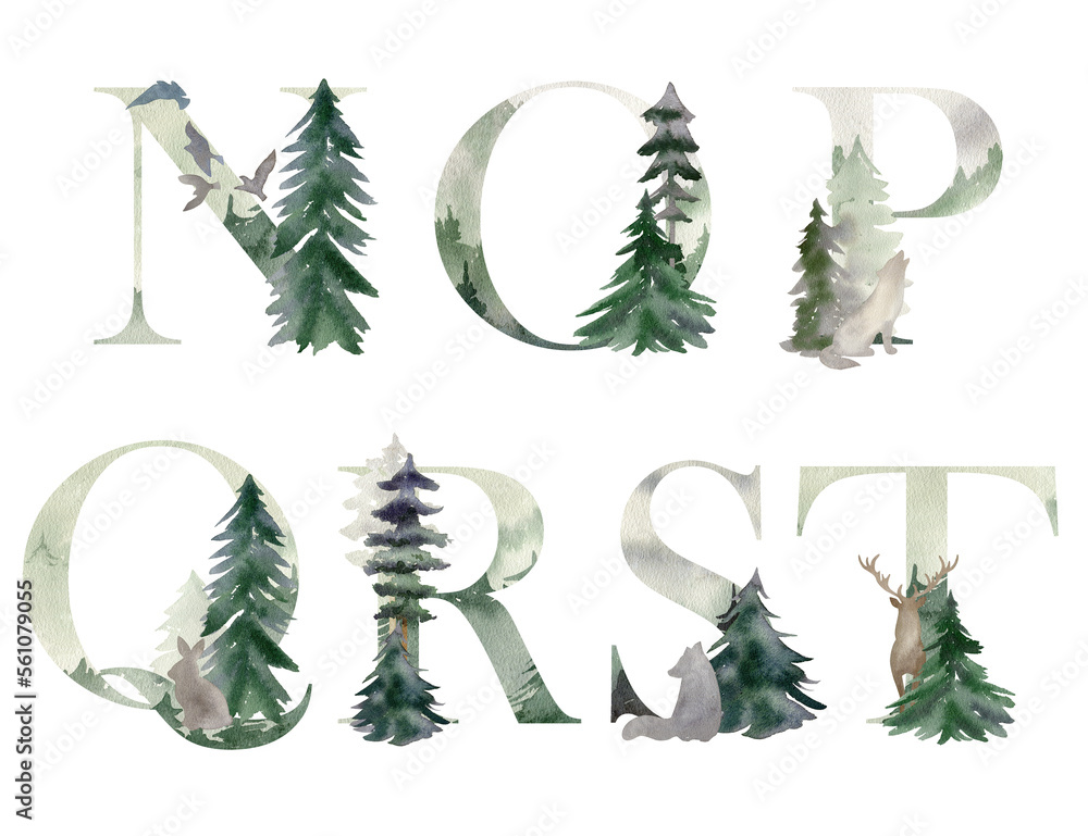Watercolor forest letters for invitation card, poster and other. Stock ...