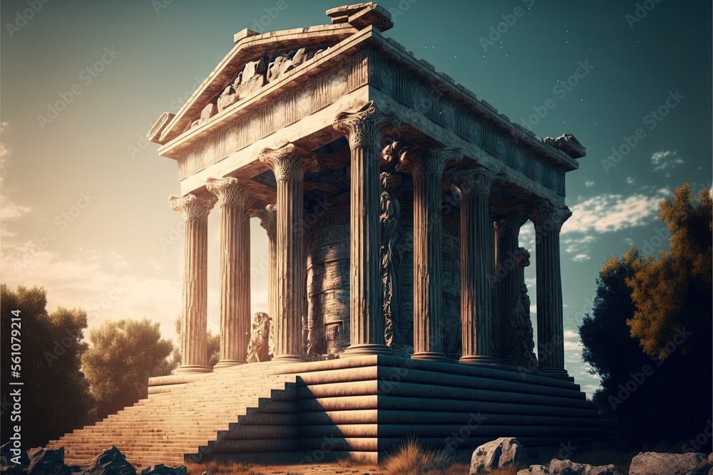 a digital painting of a greek temple with a statue on top of it and a ...