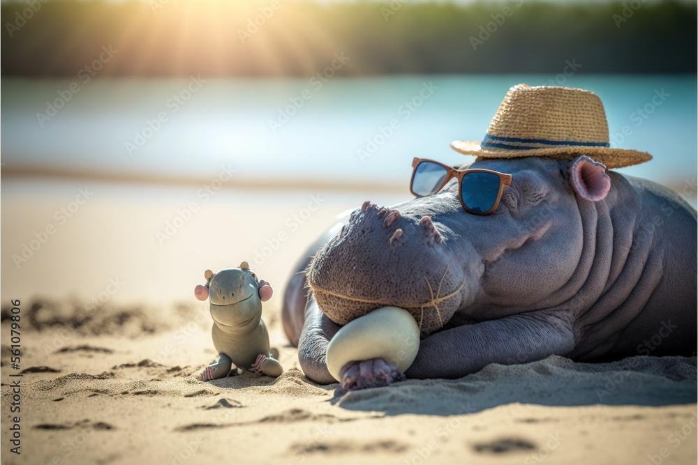 a hippo laying on the beach with a toy mouse next to it, with a sun ...