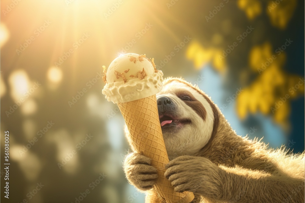 a sloth holding an ice cream cone in its mouth and smiling at the ...
