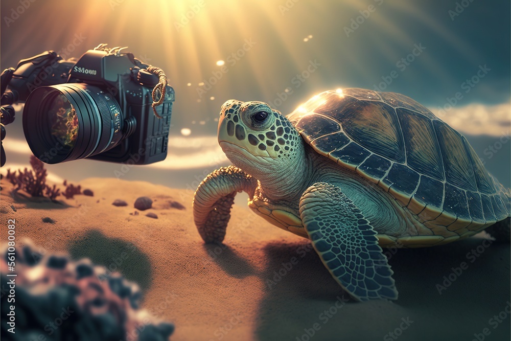 a camera and a turtle on a beach with sun shining through the clouds ...