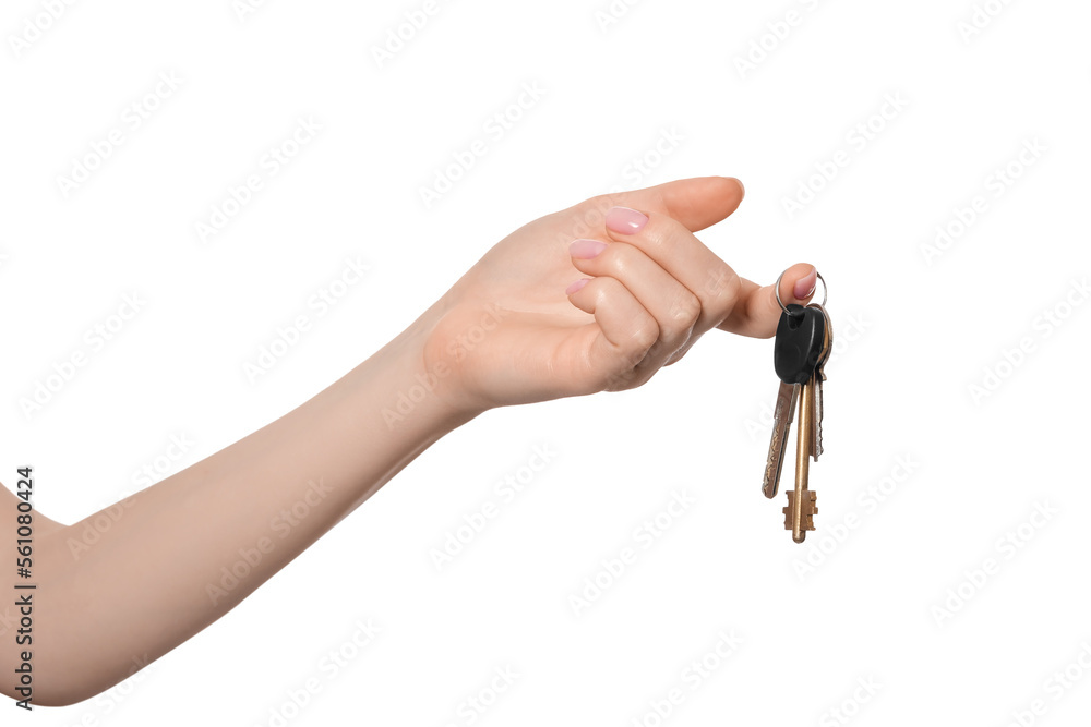 Bunch of keys in a woman's hand on a white background, isolate. Stock ...