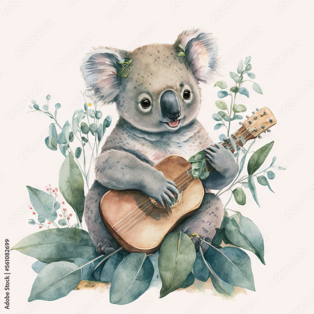 a koala bear playing a ukulele on a branch of eucalyptus leaves and ...