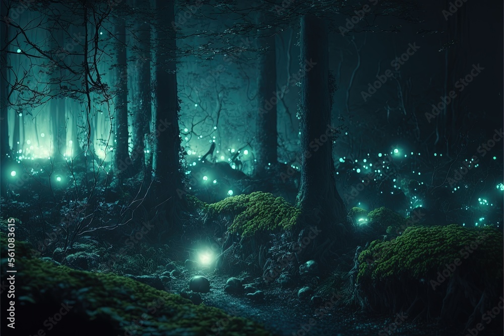 Ilustrace „ a forest filled with lots of green lights and trees with ...