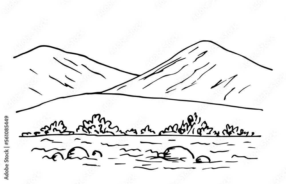 Simple black outline vector drawing. Nature and landscape, stormy river ...