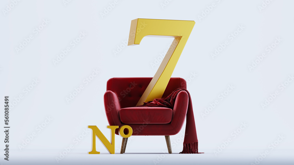 3D render of golden number seven on top of red sofa, number 7 Stock ...