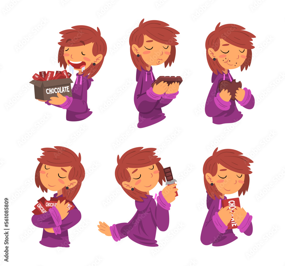 Funny girl with sweets addiction set. Girl with stained mouth eating ...