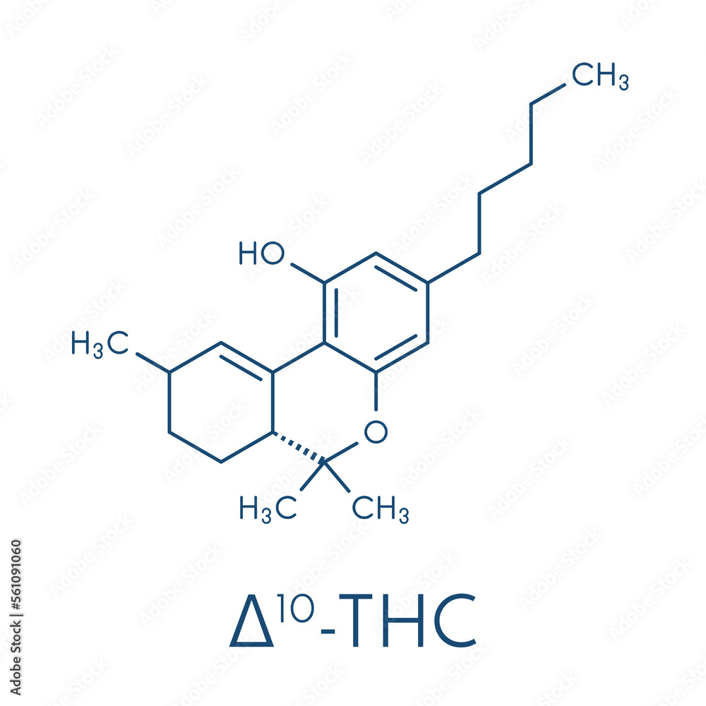 Delta-10-tetrahydrocannabinol (D10-THC) molecule. Isomer of Delta-9-THC ...