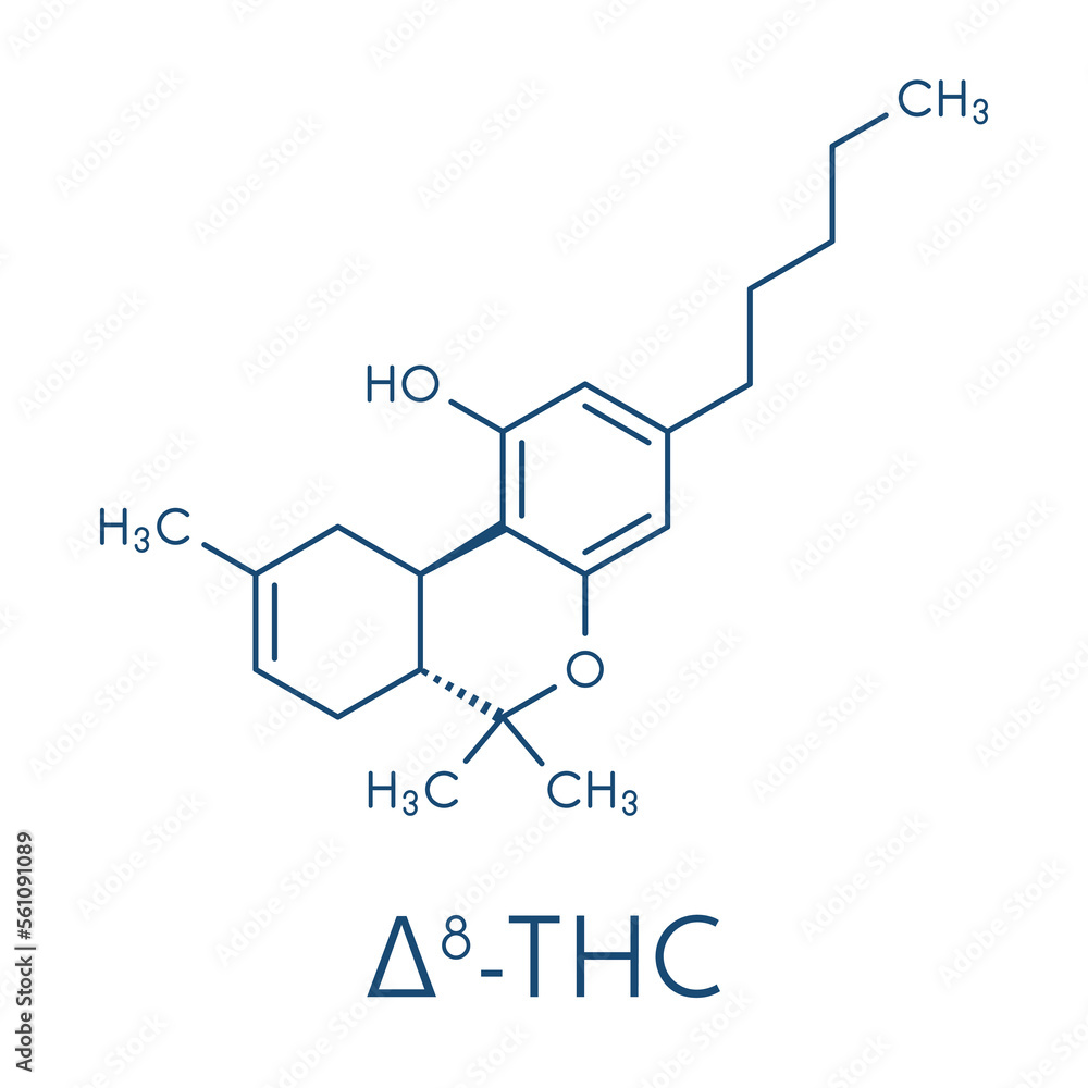 Delta-8-tetrahydrocannabinol (D8-THC) molecule. Isomer of Delta-9-THC ...