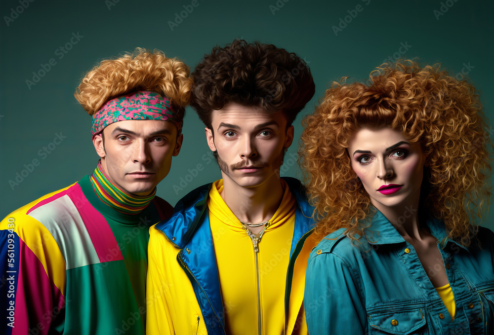 1980s vintage fashion portrait. Man and woman group with retro 80's ...