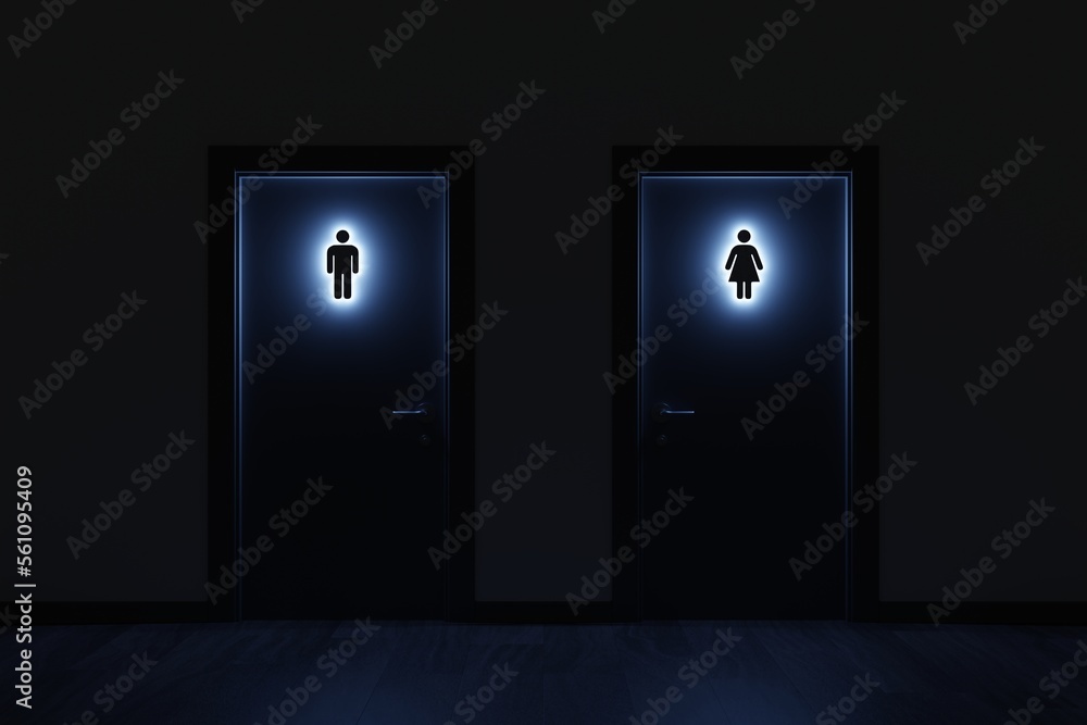 glowing blue WC signs on the toilet doors in a dark corridor. 3D ...