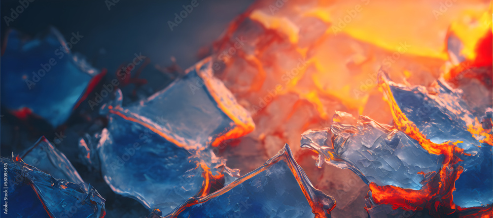 cold ice pieces melting in hot fire flame, blue red display background ...