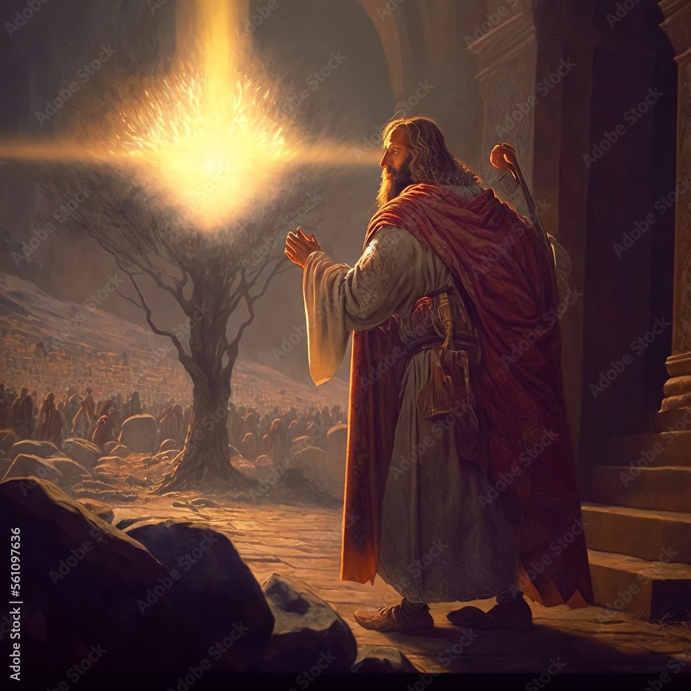 The image shows Moses seeing the burning bush, symbolizing God's ...