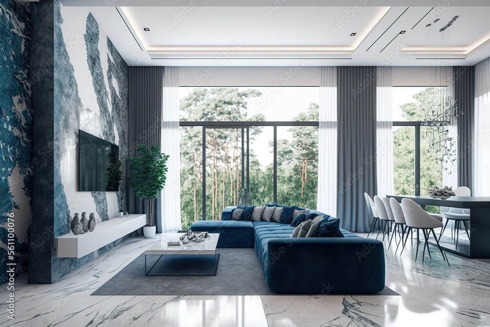 Large living room, open view of the forest, walls finished in white and ...
