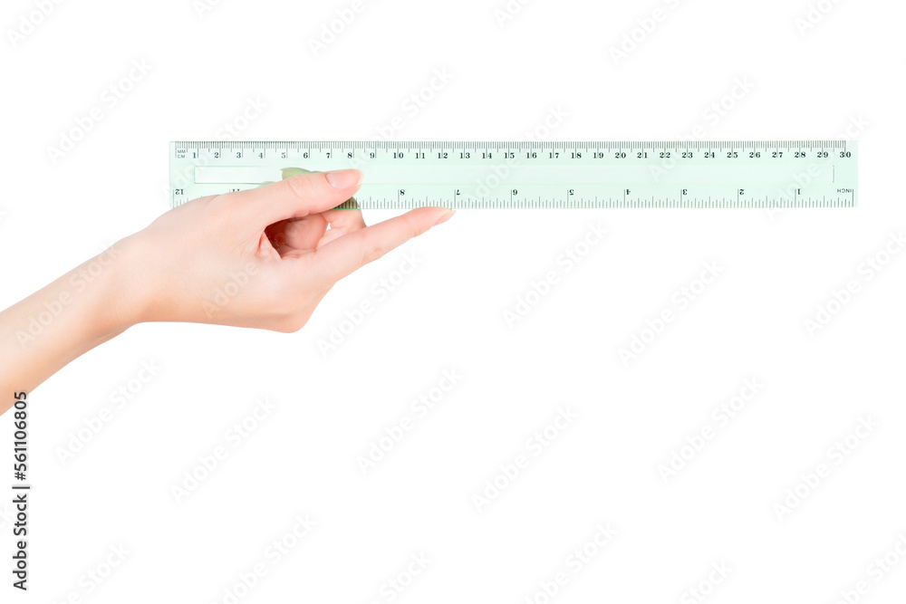 Woman hand holding transparent green ruler. Isolated png with ...