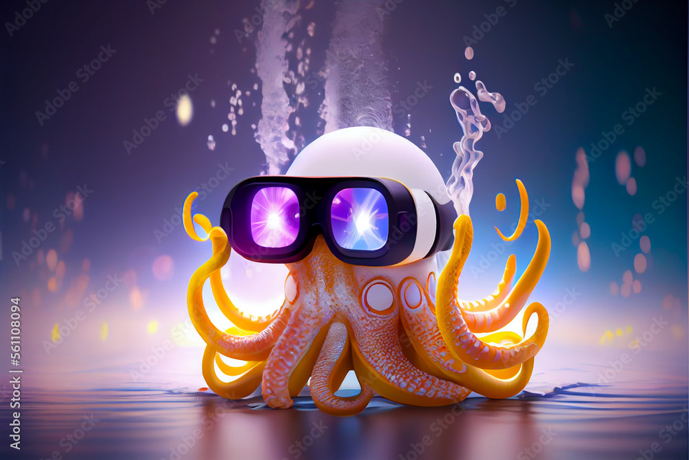 3d octopus character style nft collection with VR goggles immersed in ...