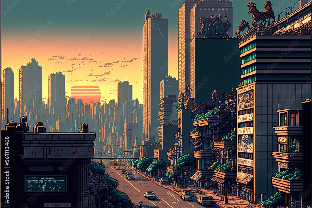 ภาพประกอบสต็อก Pixel art city landscape with with buildings, houses ...