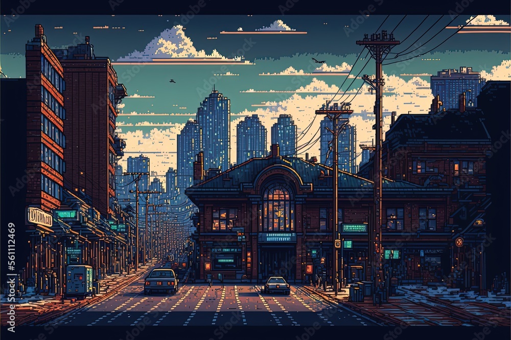 Pixel art city landscape with with buildings, houses, streets, trees ...