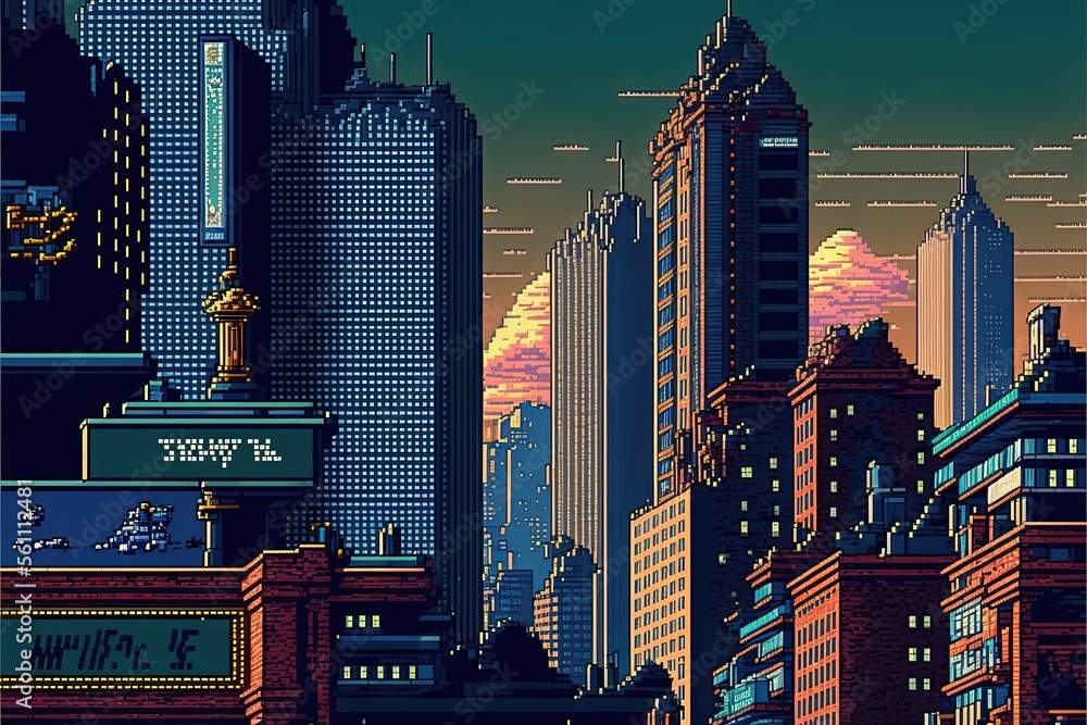 Pixel art city landscape with with buildings, houses, streets, trees ...