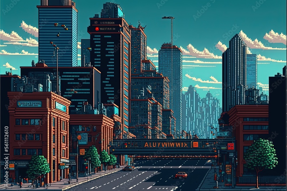 Pixel art city landscape with with buildings, houses, streets, trees ...